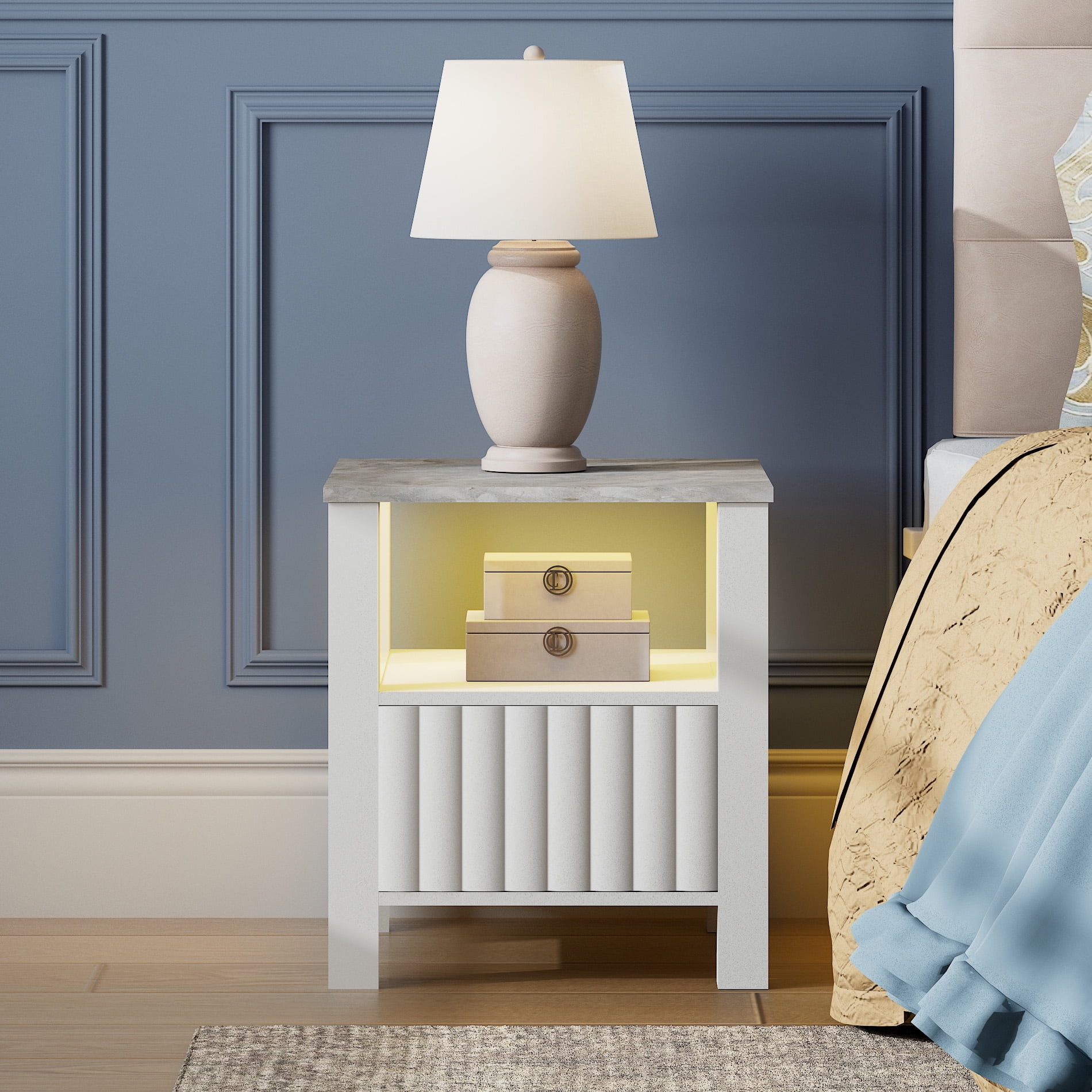 LED End Table with Door and Open Storage, White Modern Nightstands Side ...