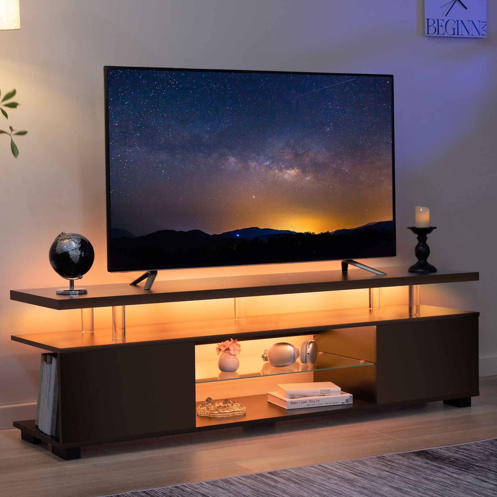 LED Entertainment Center with Glass Shelf，TV Stand for 60 Inch TV ...