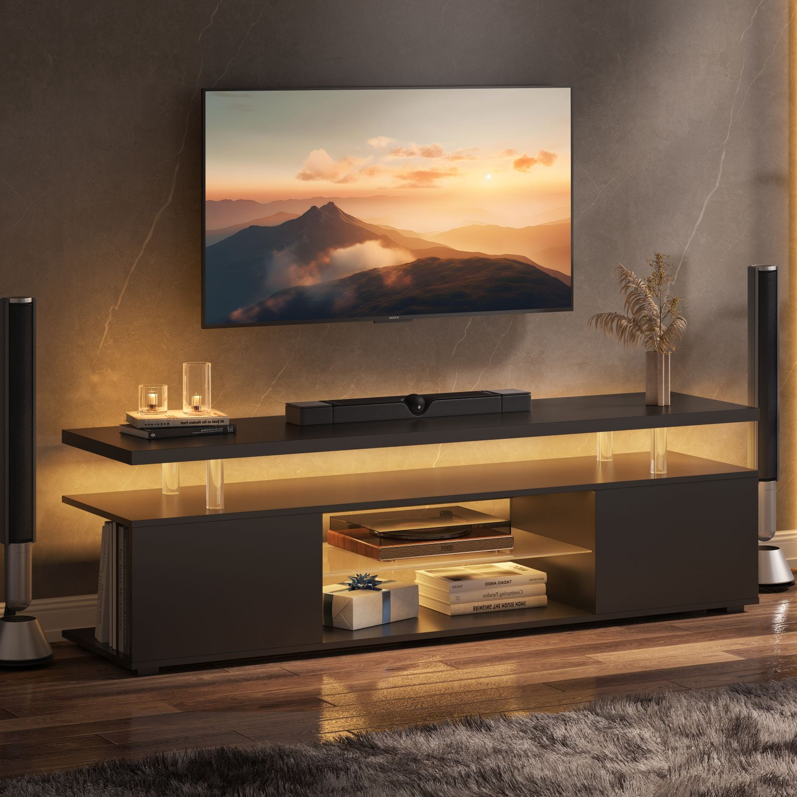 LED Entertainment Center with Glass Shelf，TV Stand for 60 Inch TV ...