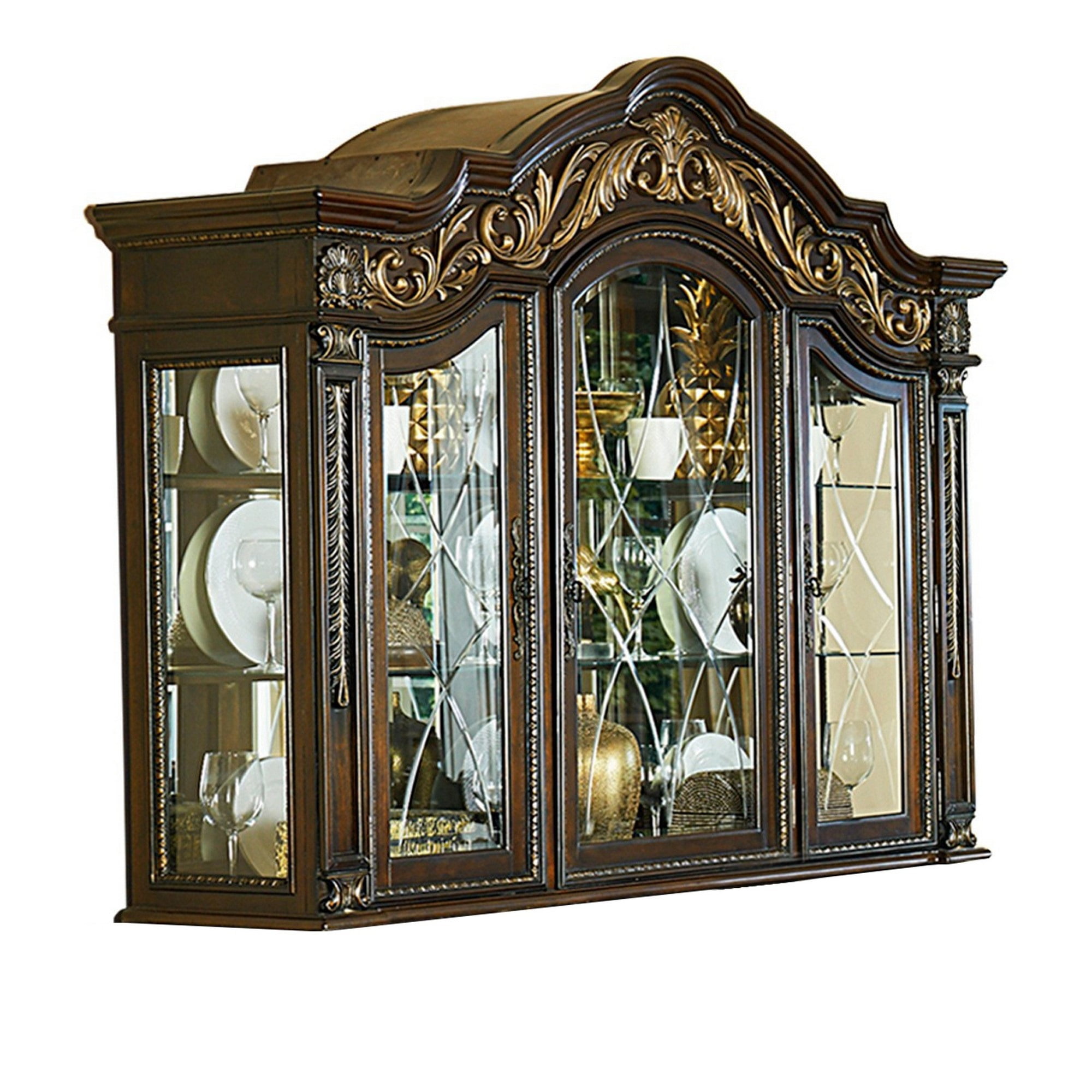 LED Equipped Wooden Hutch with Glass Doors and Scalloped Top, Cherry ...