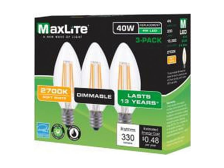 MaxLite 4W LED Filament Lamp, B10 80 CRI 2700K Dim E12, Light Bulbs ...