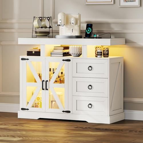 LED Farmhouse Sideboard Buffet Cabinet with Storage, Wood Coffee Bar ...