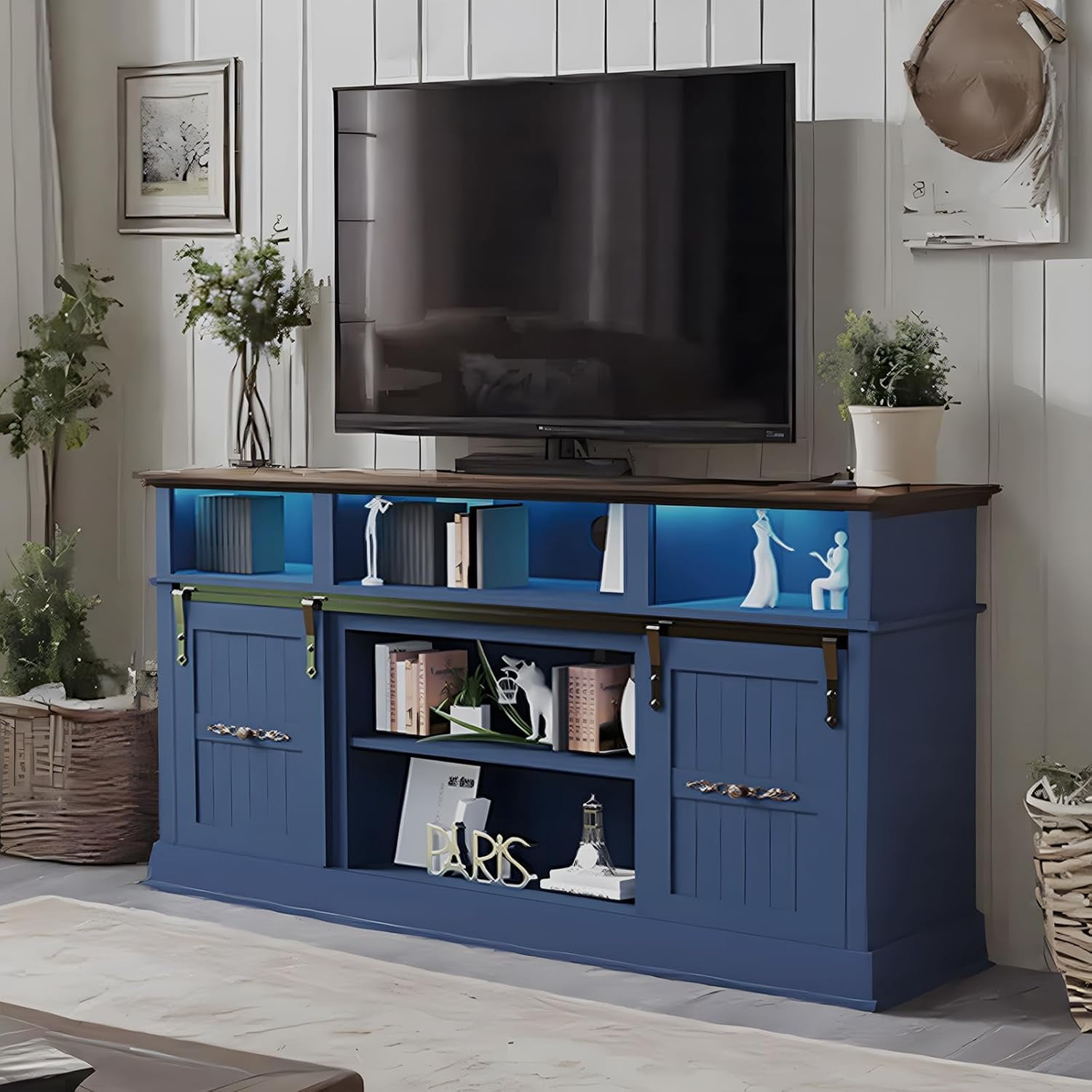 LED Farmhouse TV Stand for 65 Inch TV 32" Tall Entertainment Center with Sliding Barn Doors and ...