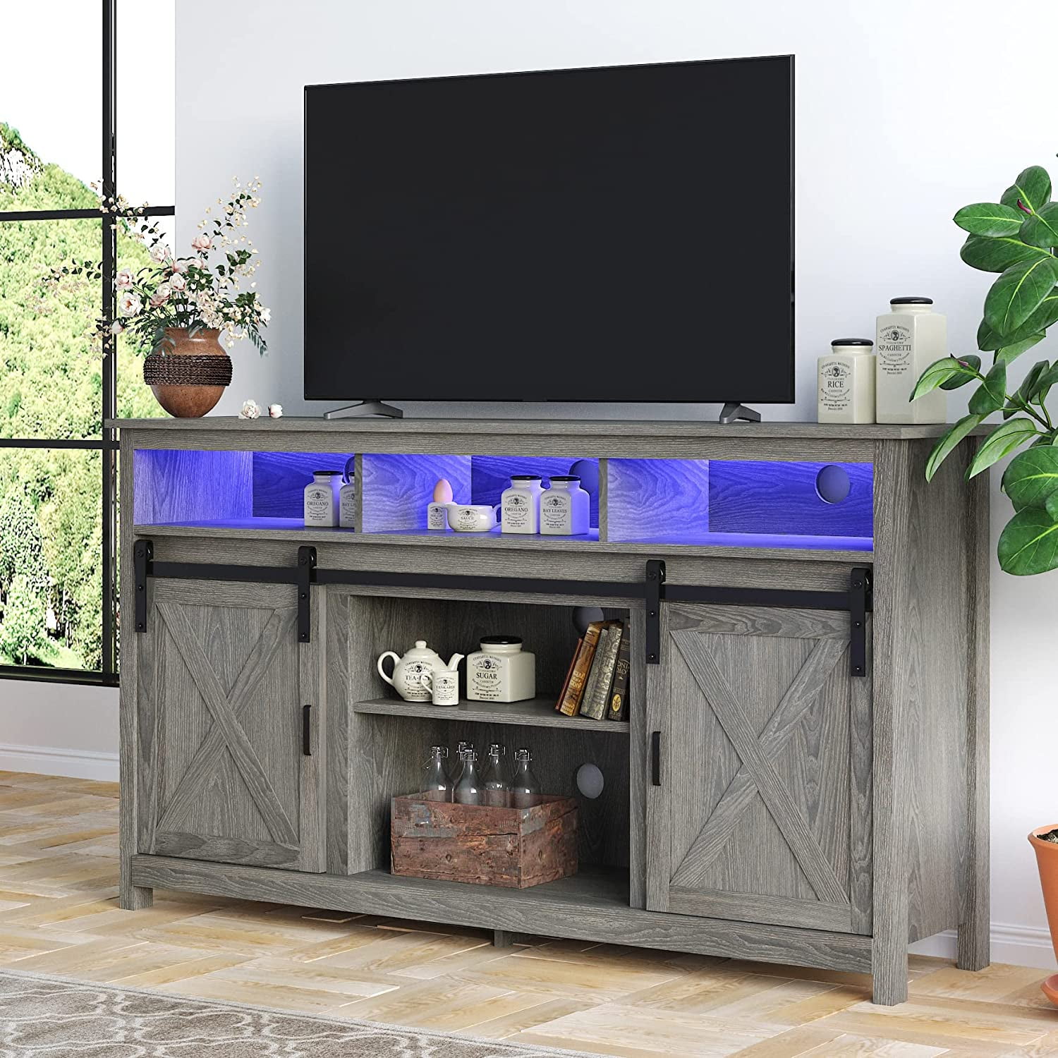 LED Farmhouse TV Stand for 65 inch TVs, Rustic Entertainment Center TV ...