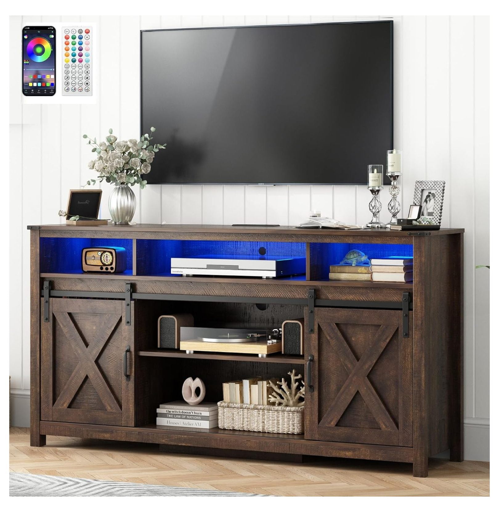 LED Farmhouse TV Stand for 70/65/60inch TV with Power Outlets, 32" Tall ...
