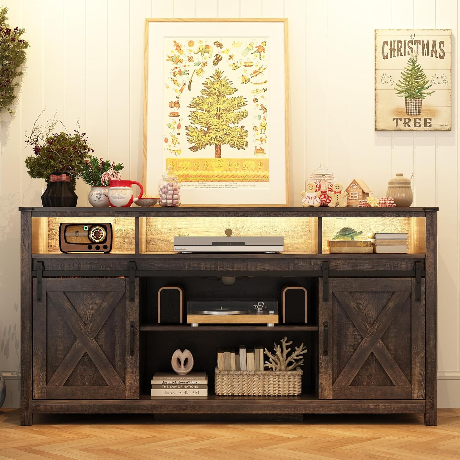 LED Farmhouse TV Stand for 70/65/60inch TV with Power Outlets, 32" Tall ...