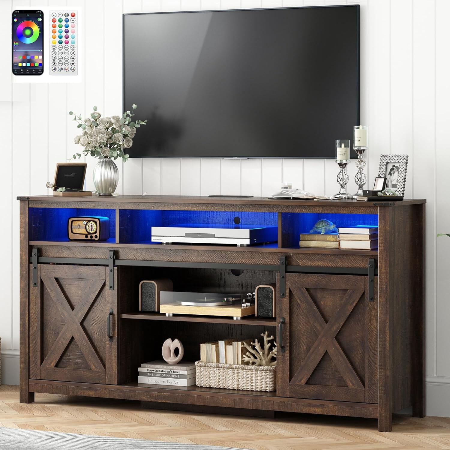 LED Farmhouse TV Stand for 70/65/60inch TV with Power Outlets, 32" Tall ...