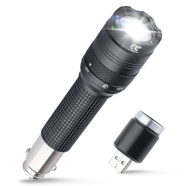 LED Flashlight Rechargeable with 12V Cigarette Lighter Socket and USB Charger for Vechicle Car ...