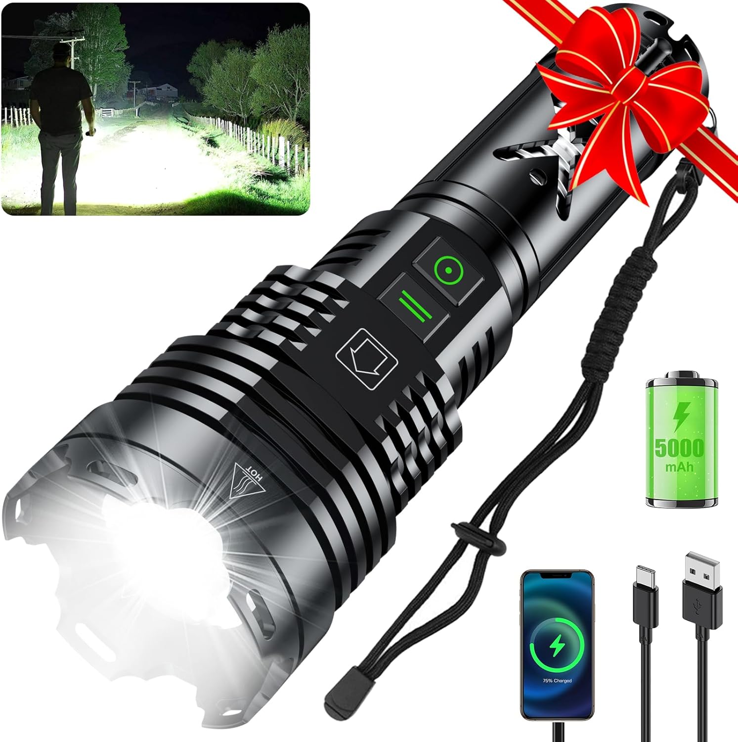 LED Flashlights 2000.000 High ,Tactical Flashlight Rechargeable USB C ...