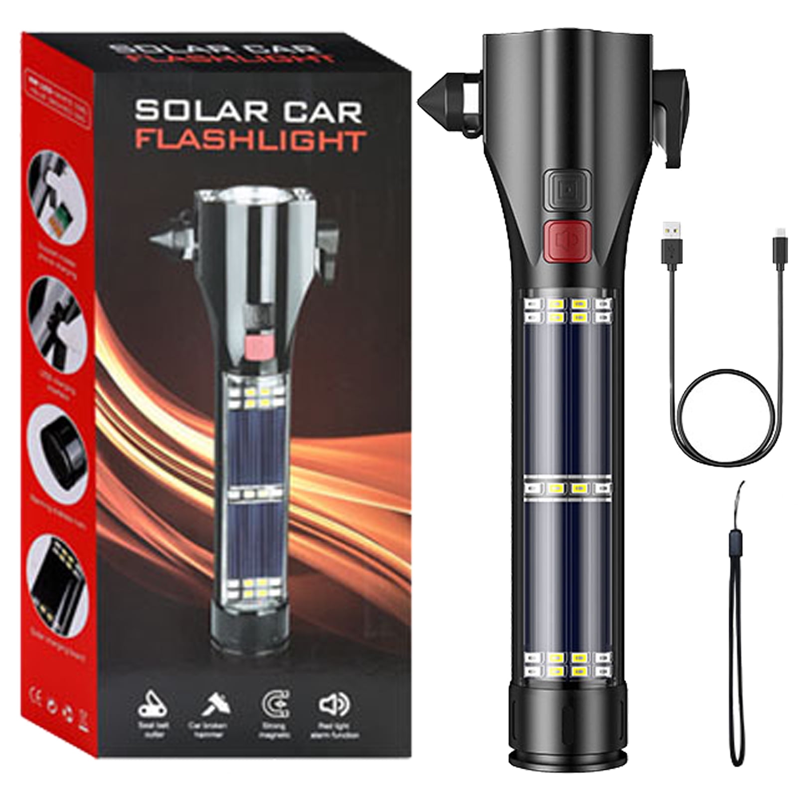 LED Flashlights Solar Charging 4 Modes with Window Breaking Hammer ...