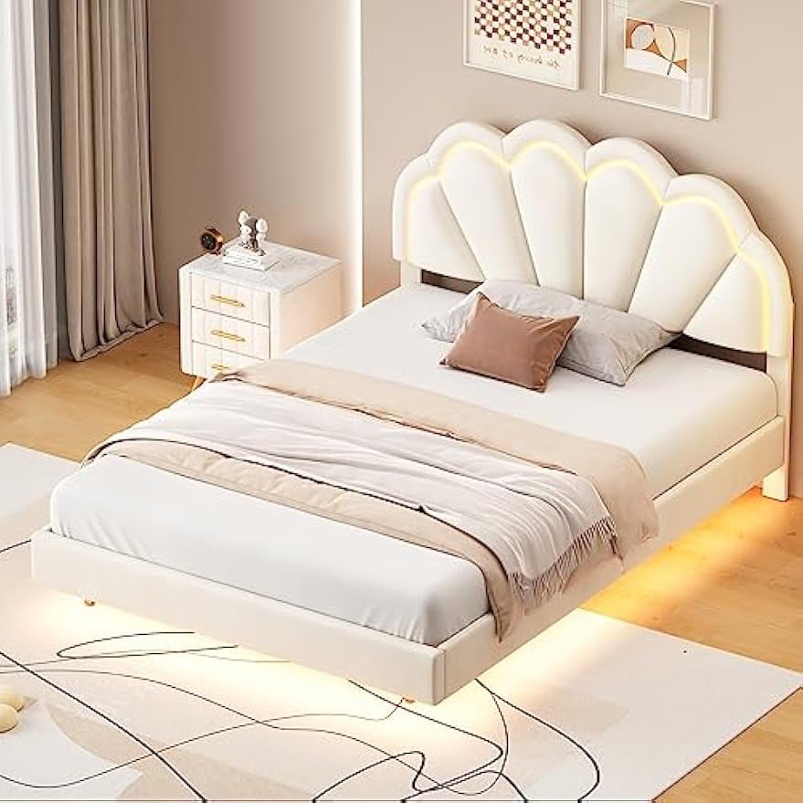 LED Floating Bed Frame Full Size, Upholstered Platform Bed with Shell ...