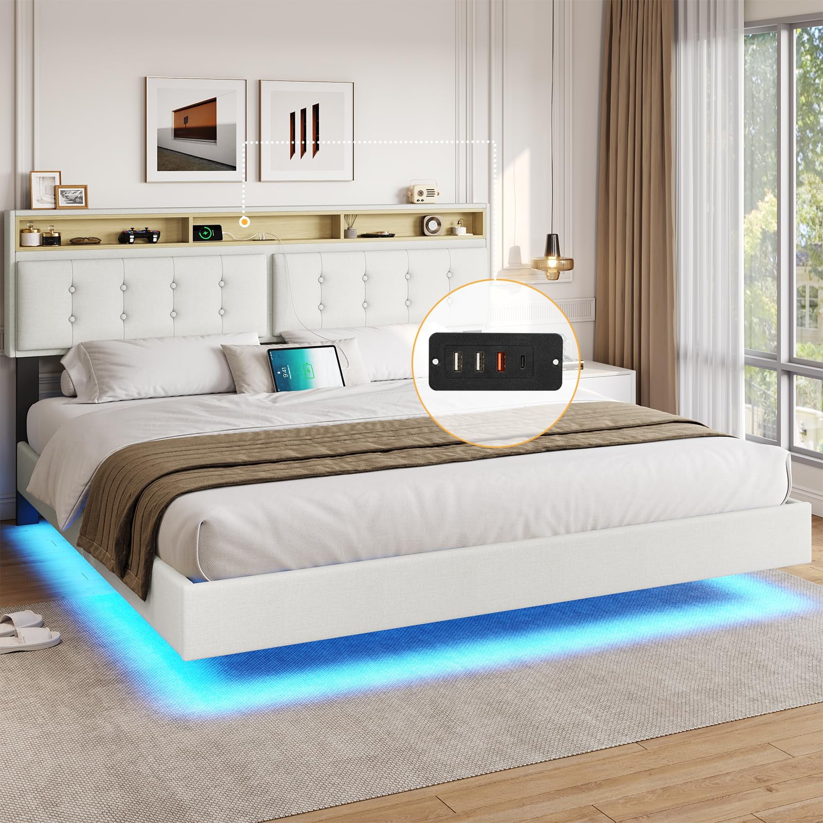 LED Floating Bed Frame King Size with Led Lights and Charging Stations ...