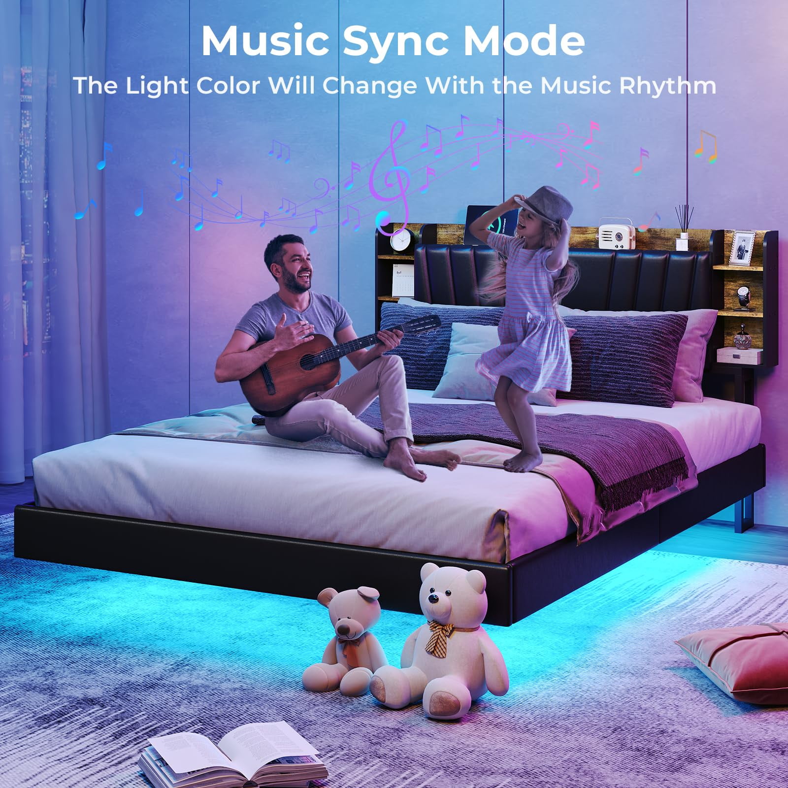 LED Floating Bed Frame King Size Upholstered Platform Bed with Charging ...