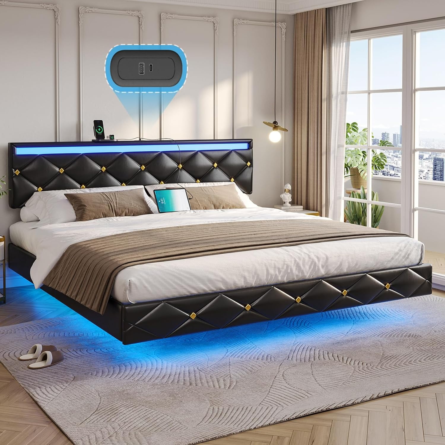 King Size LED Floating Bed Frame with Charging Station, Modern ...