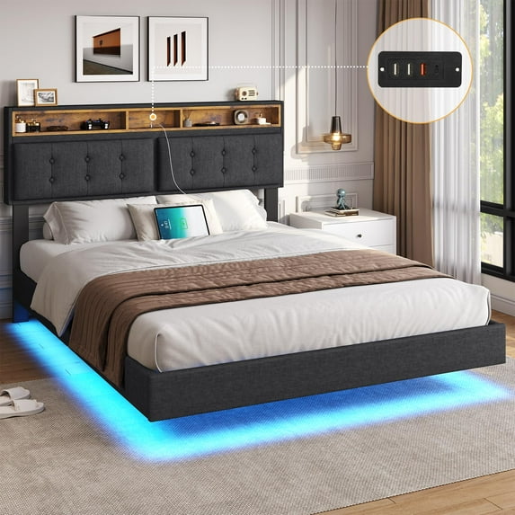 LED Floating Bed Frame Queen Size with Led Lights and Charging Stations ...