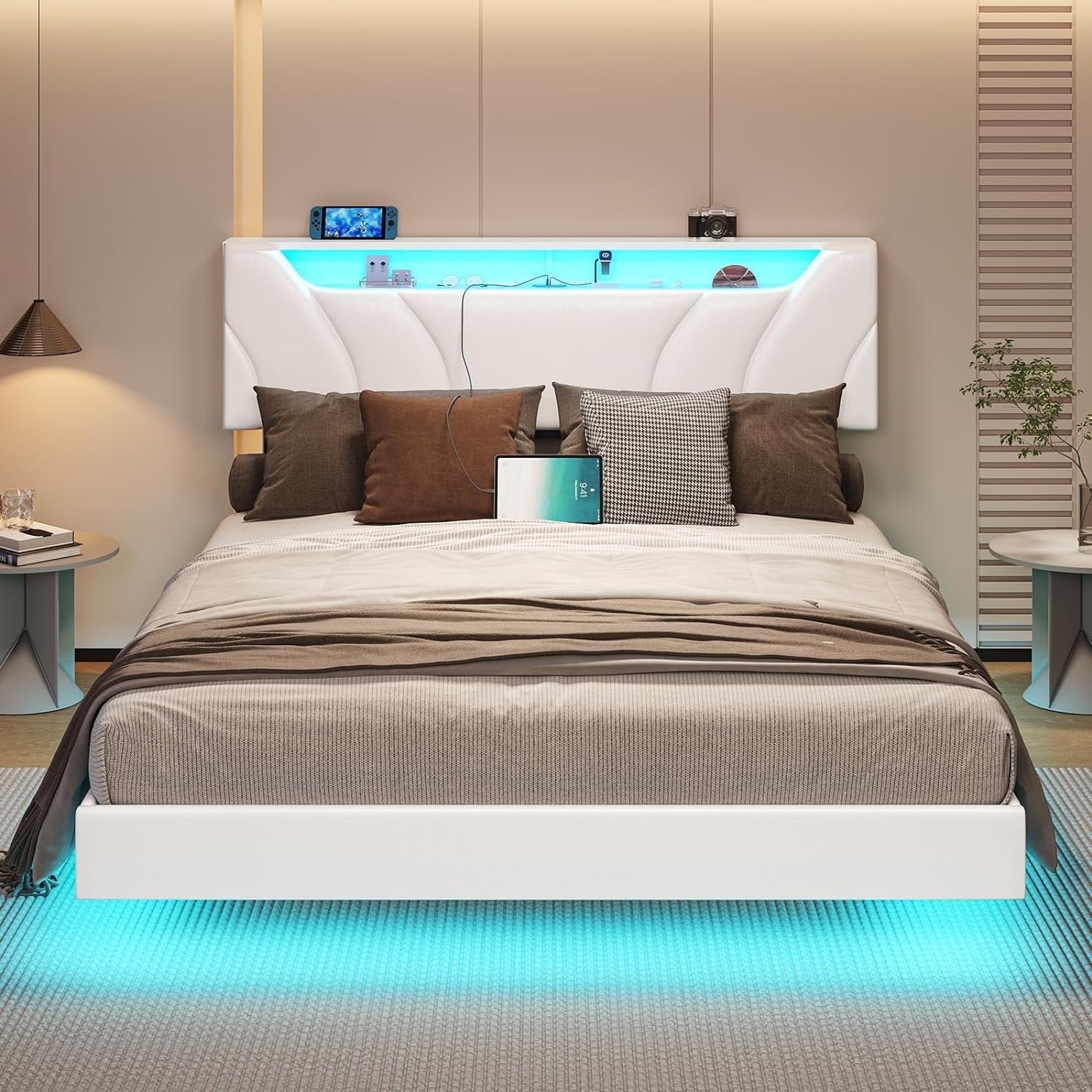 LED Floating Bed Frame Queen Size PU Upholstered Platform Bed with ...
