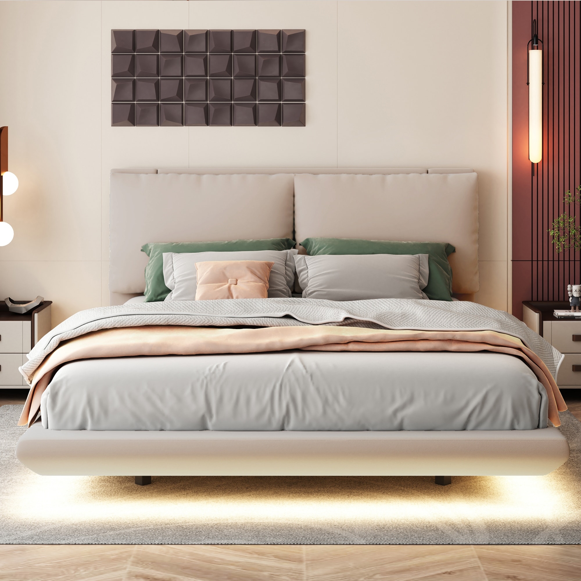 LED Floating Bed Low Profile Bed Multi-Functional Platform Bed Frame Beige - Queen - Walmart.com