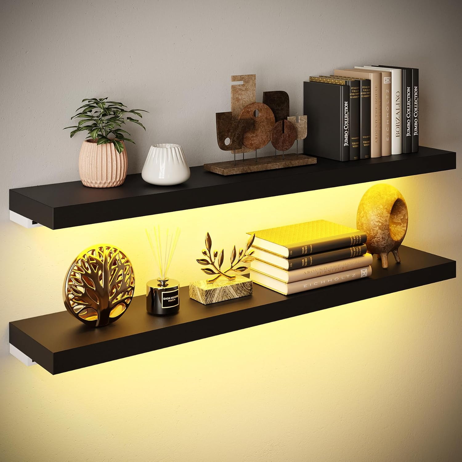 LED Floating Shelves for Wall, 35" W Black Wall Mounted Wooden Shelves ...