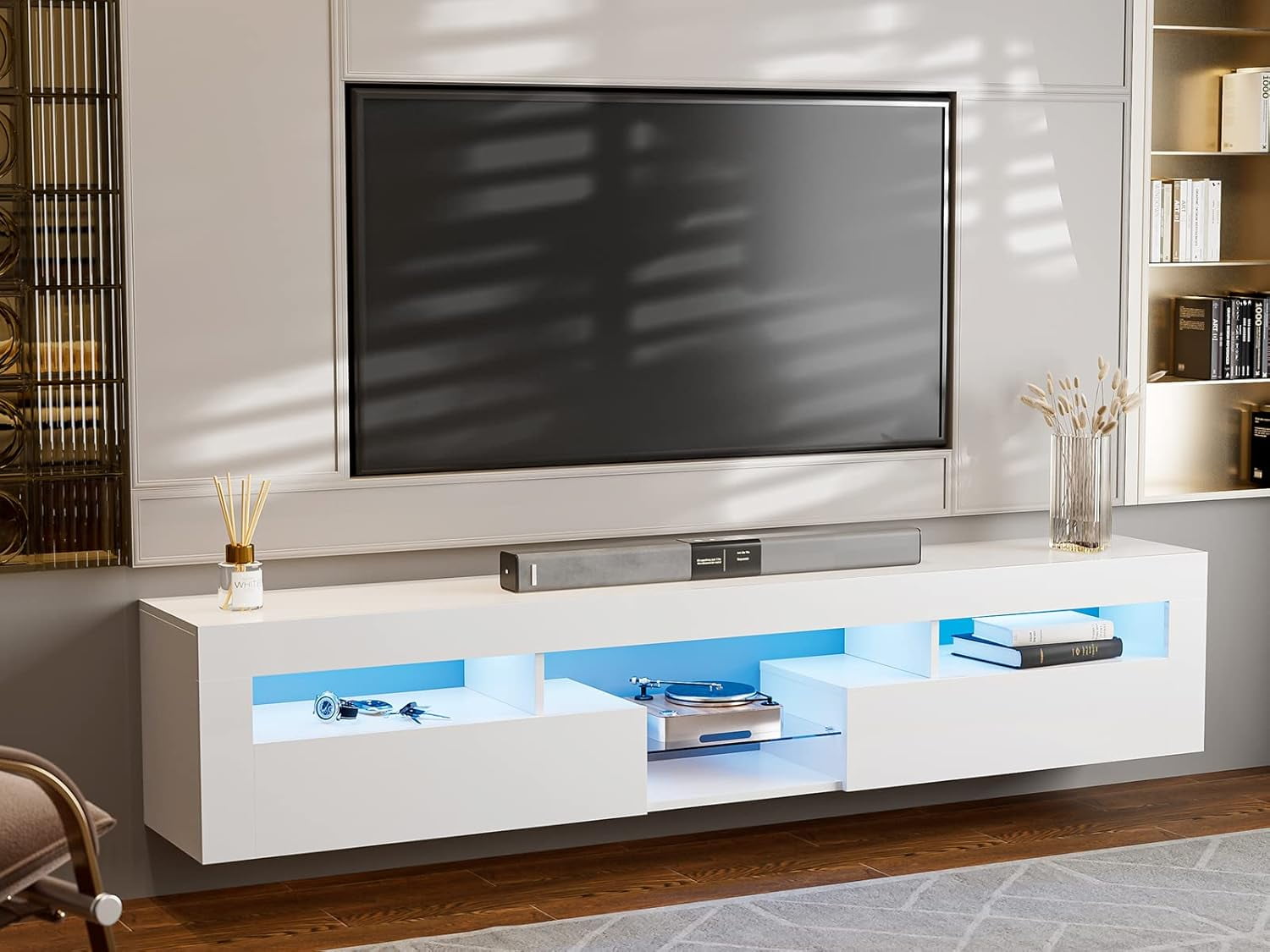 LED Floating TV Stand for 85 Inch TV, White High Glossy Wall Mounted ...