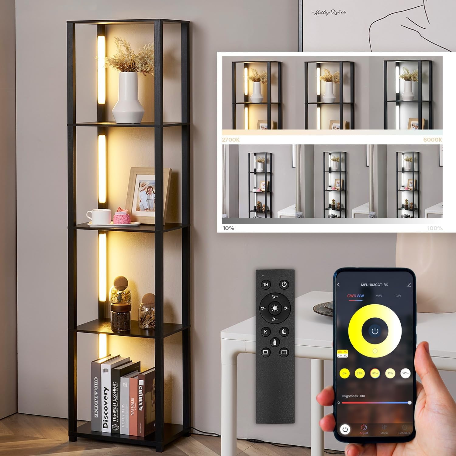 LED Floor Lamp with Shelves, Shelf Lamp with Remote for Bedroom and ...