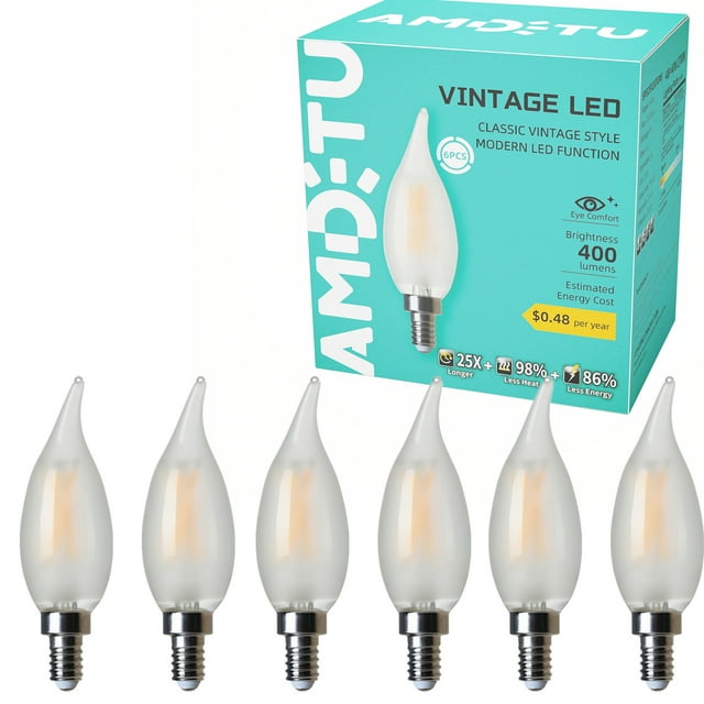 AMDTU LED Frosted Edison Bulb, 40w Type B, Warm Soft White 2700k, E12 Candle Base, Dimmable 6 ...