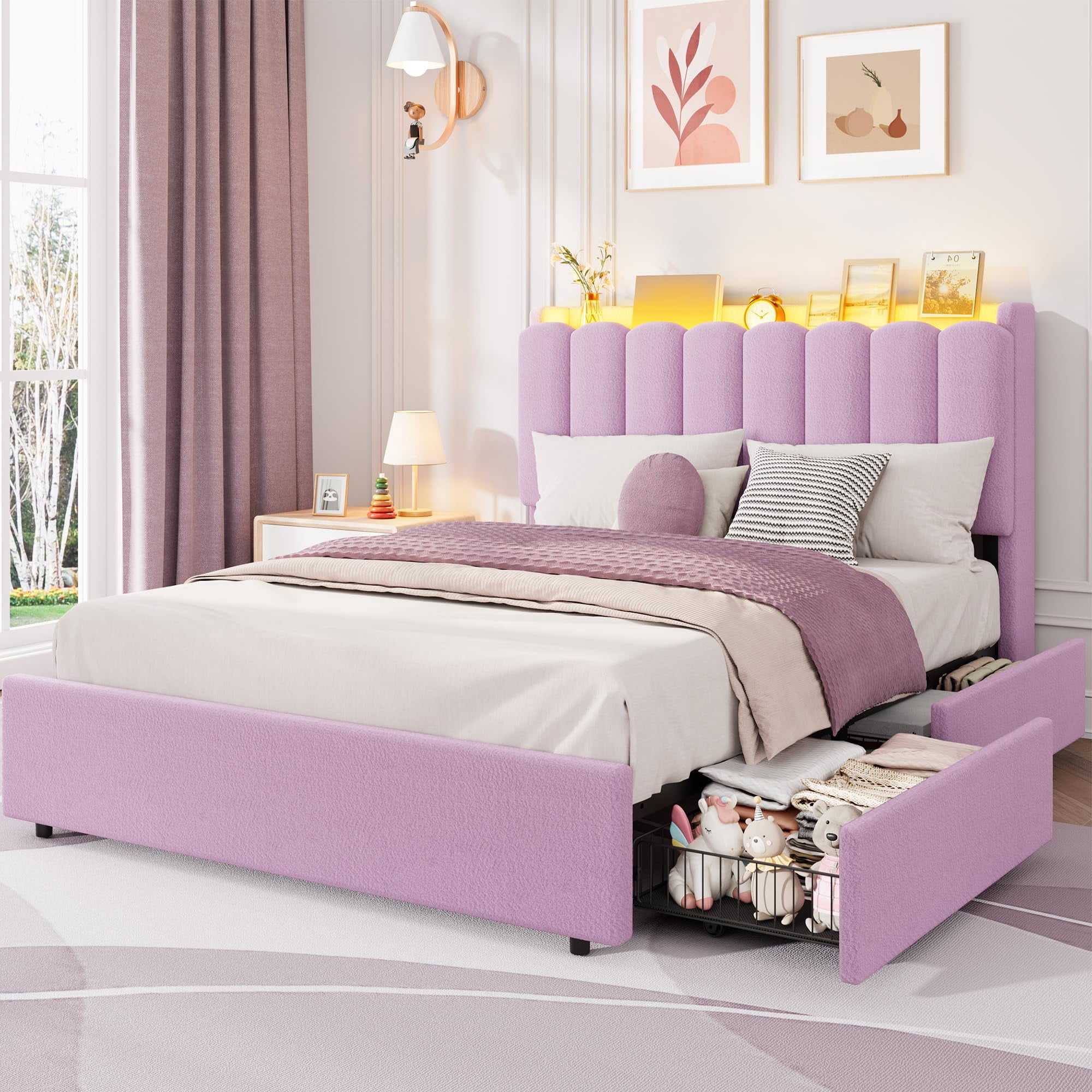 LED Full Bed Frame - Boucle Upholstered Platform with Wavy Bookcase ...