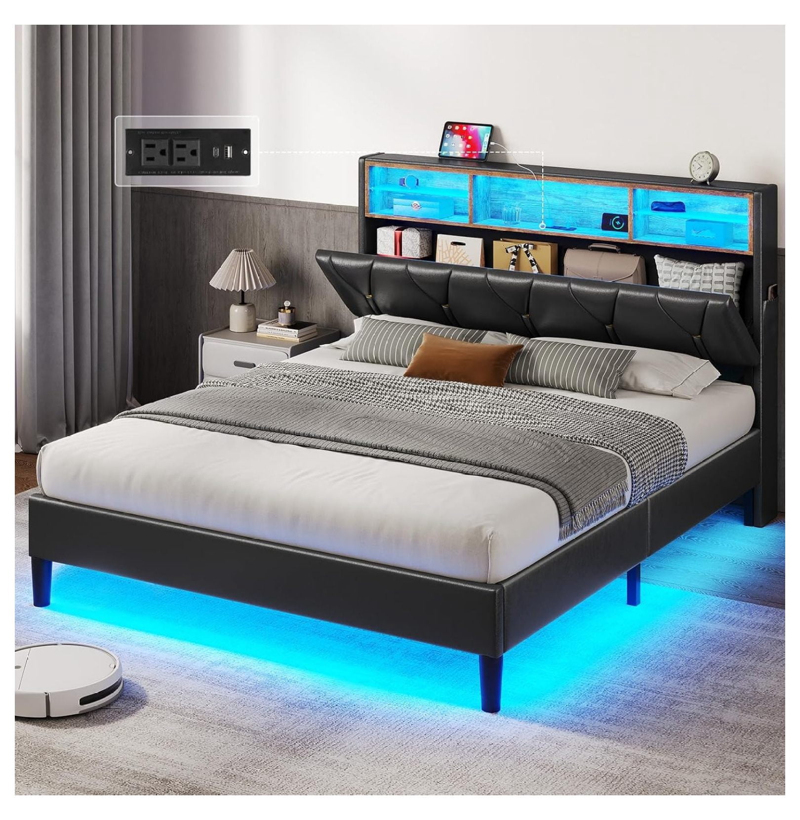 LED Full Bed Frame with Type-C & USB Charging Station, Full Size Bed ...