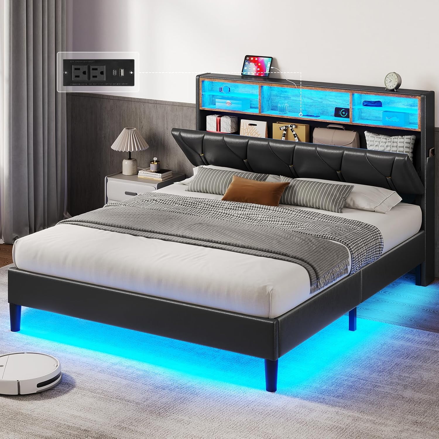 LED Full Bed Frame with Type-C & USB Charging Station, Full Size Bed ...