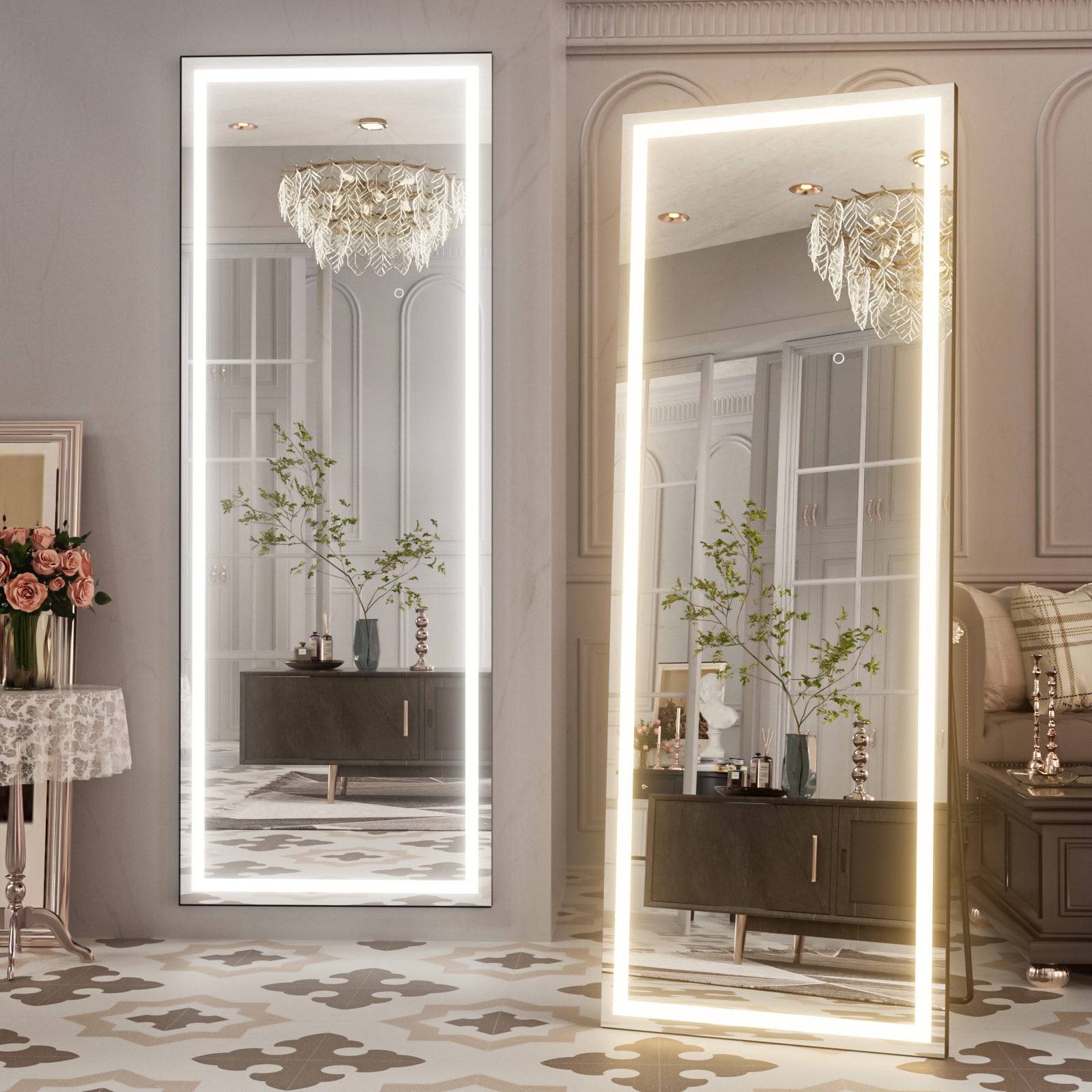 LED Full Length Mirror with Lights, Black Frame Lighted Floor Mirror ...