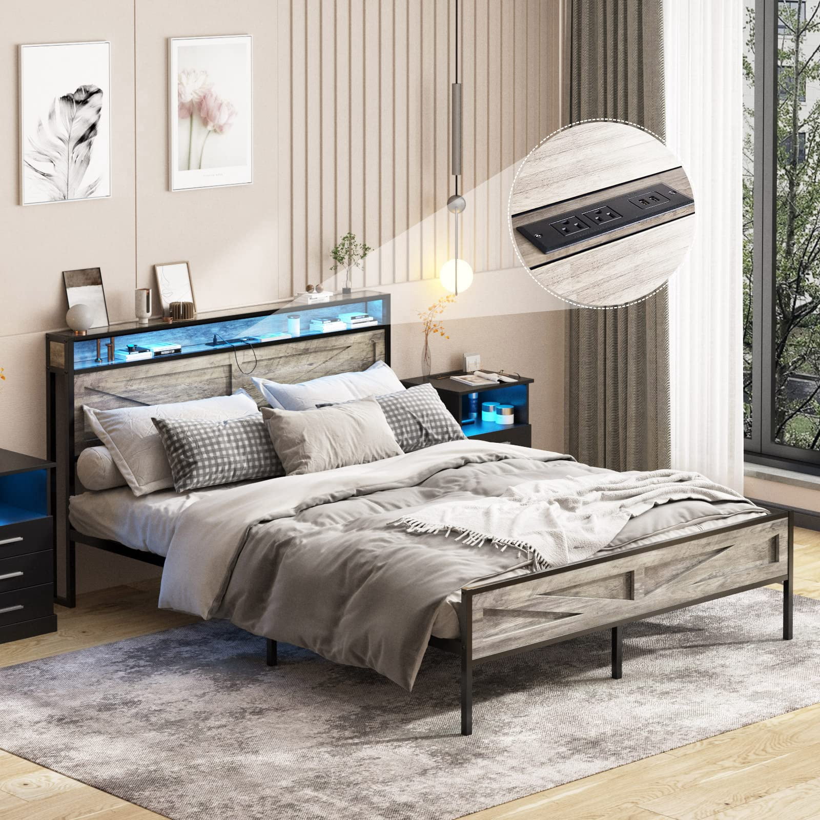 LED Full Size Bed Frame with Charging Station, Platform Metal Headboard ...