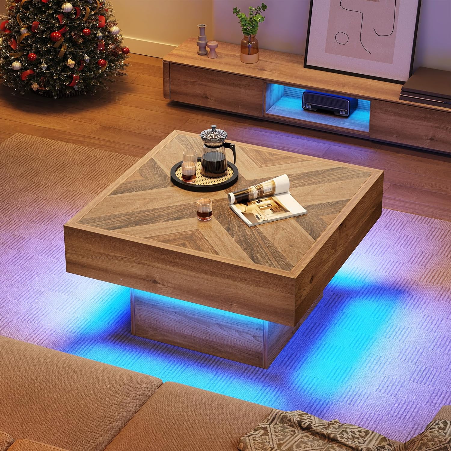 LED Game Coffee Table with 2 Drawers Storage, Square Modern Coffee ...