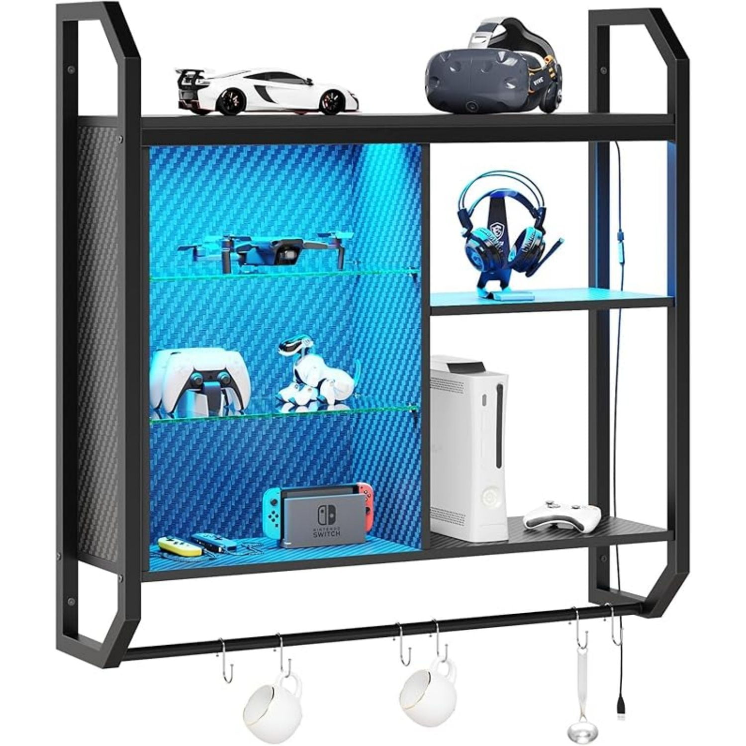 LED Gaming Floating Shelves, 34" Wall Mounted Shelf Pipe Shelves ...