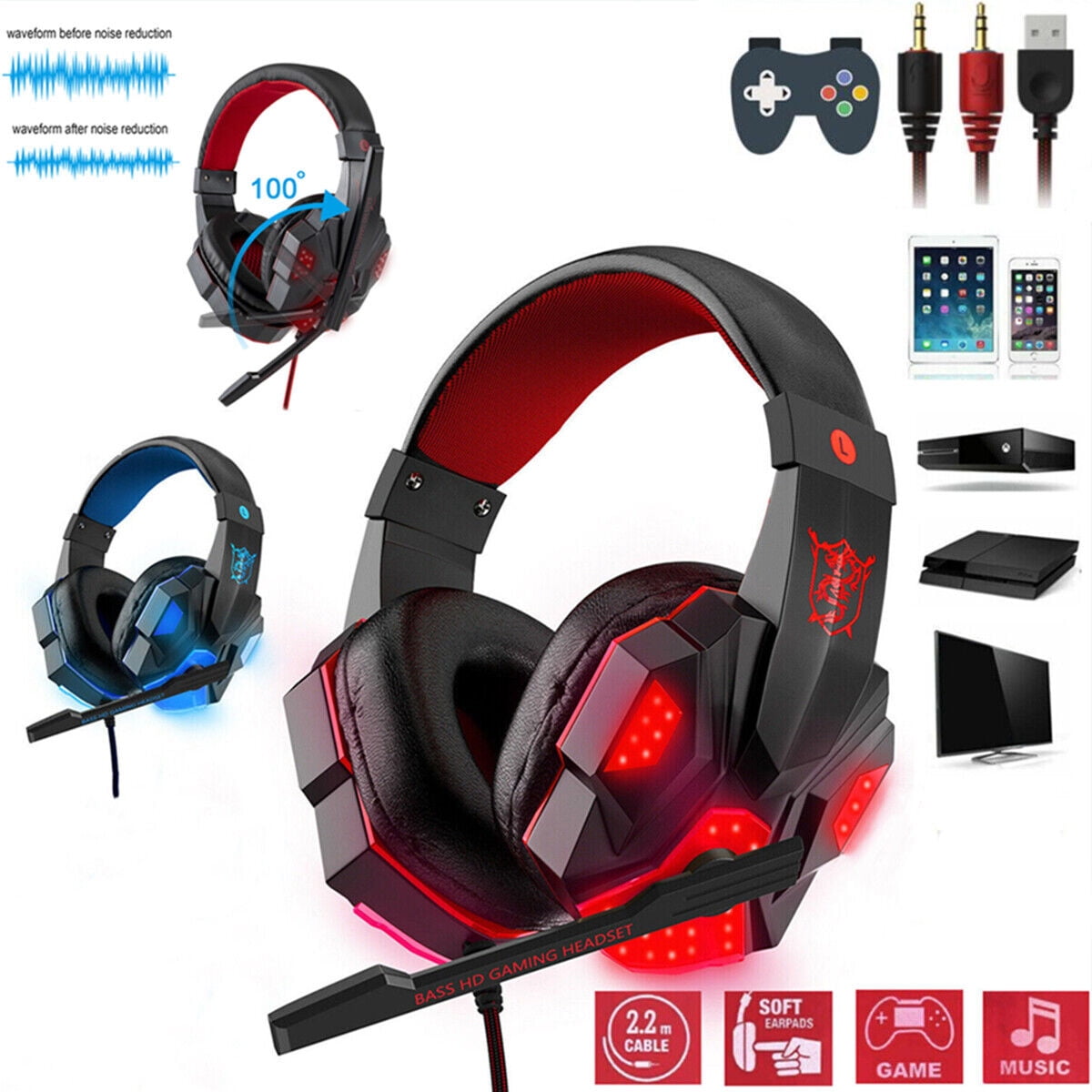 LED Gaming Headset With Mic 3.5mm Stereo Bass Surround Headphone For PC ...