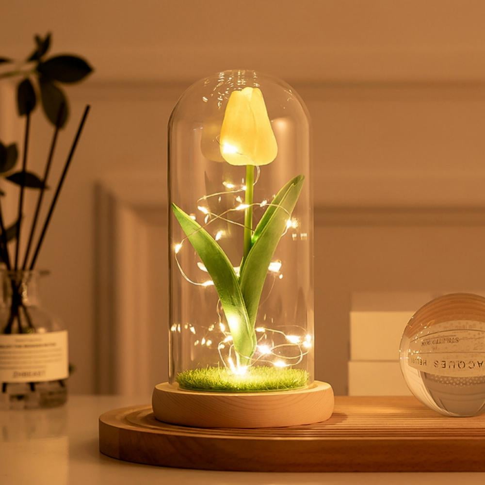 LED Glass Dome Tulip/ Sunflower with Artificial Moss Wooden Base and ...
