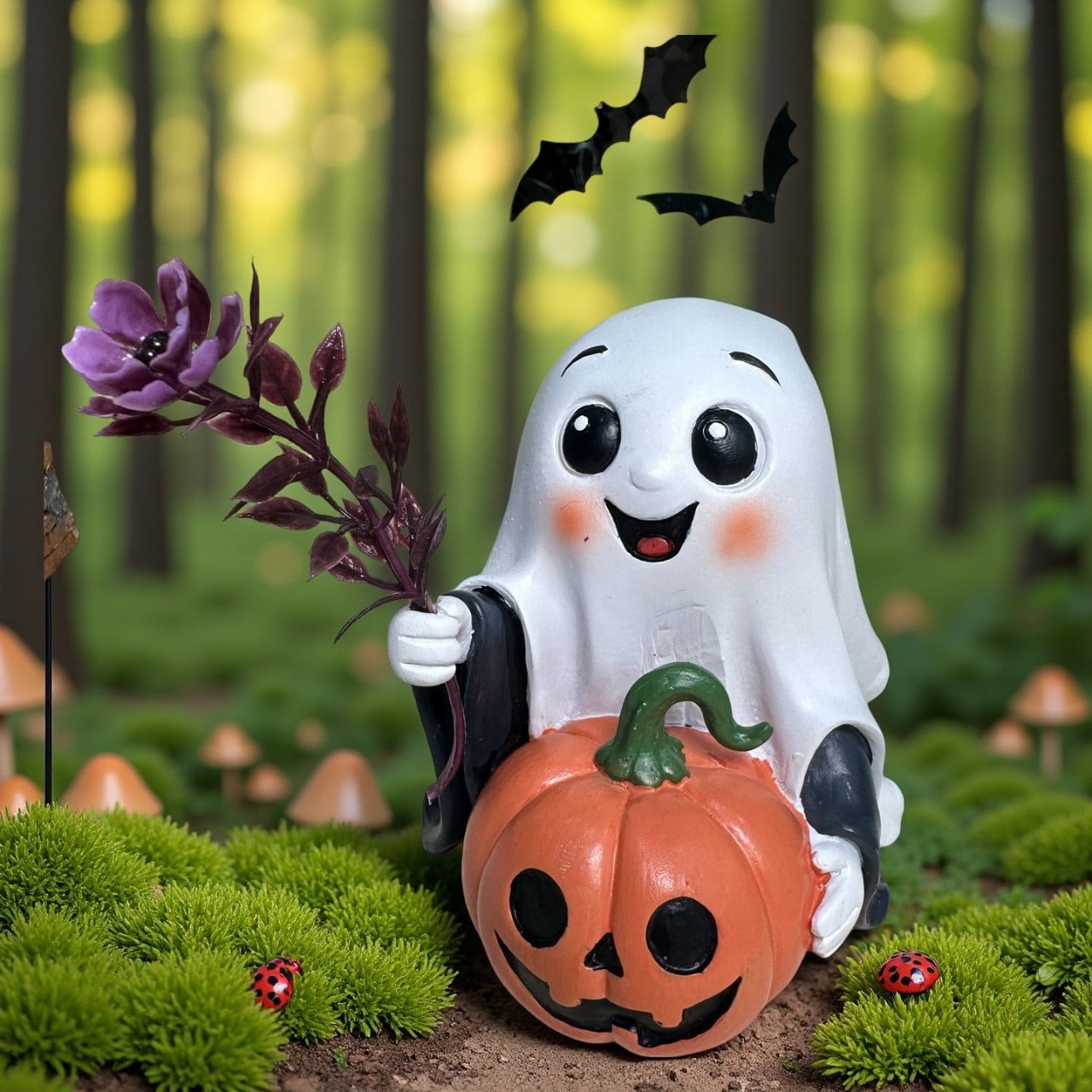 LED Glow Ghost Statue - 4-5" Resin Night Light w/ Rosy Cheeks, Water ...