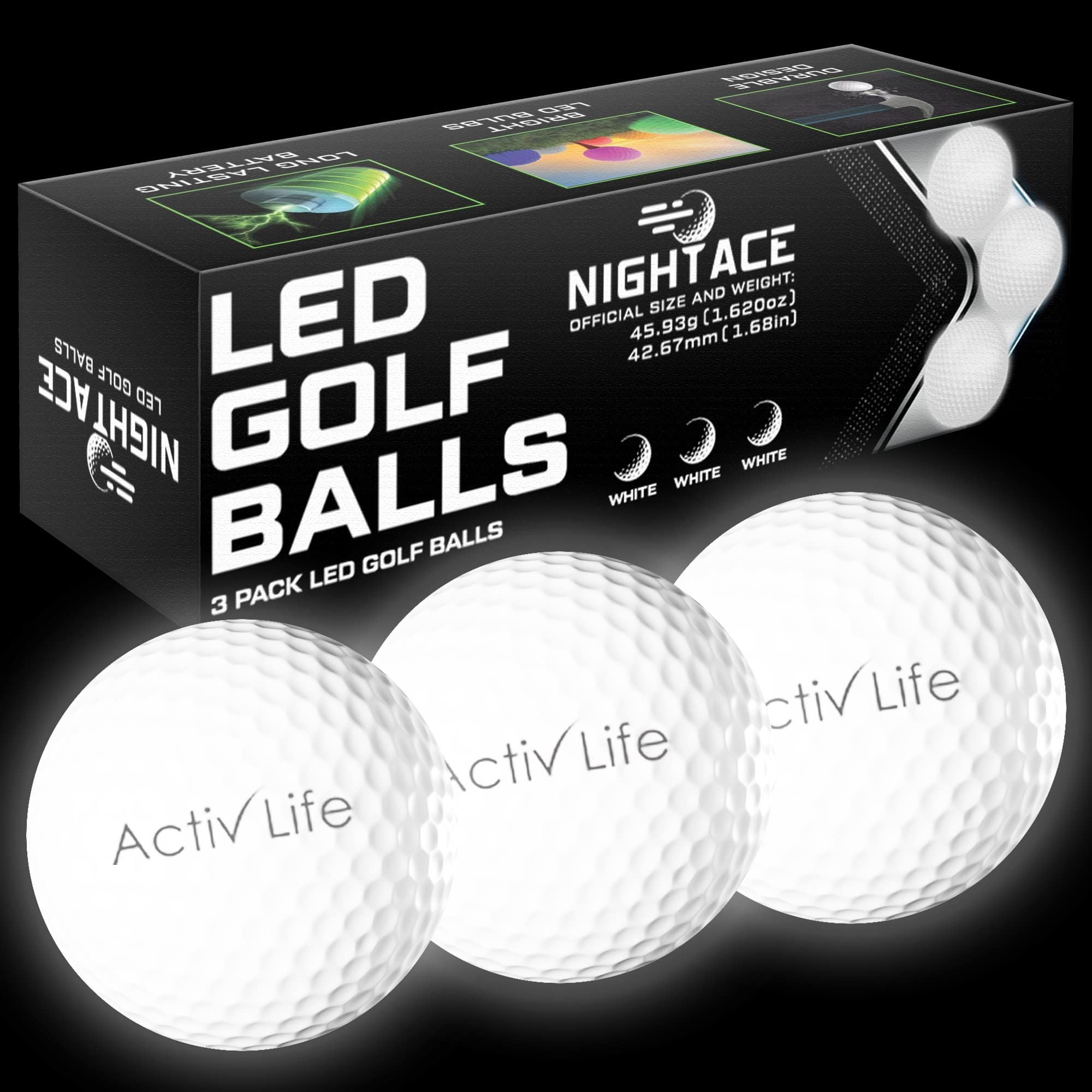 Activ Life LED Lighted Golf Balls - White, 3-Pack - Glow in The Dark ...