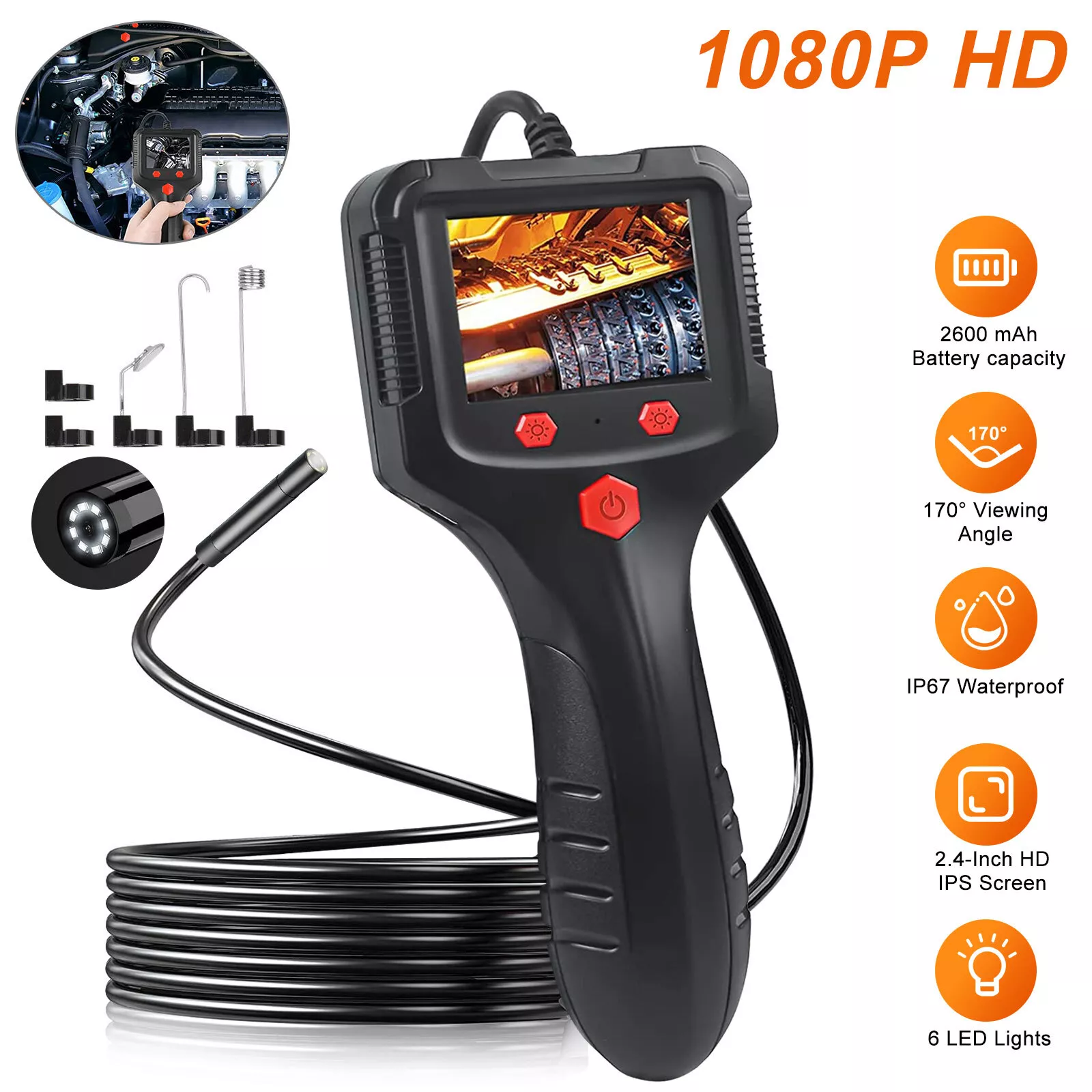 LED HD Handheld Industrial Borescope Endoscope 2.4inch Inspection Snake ...