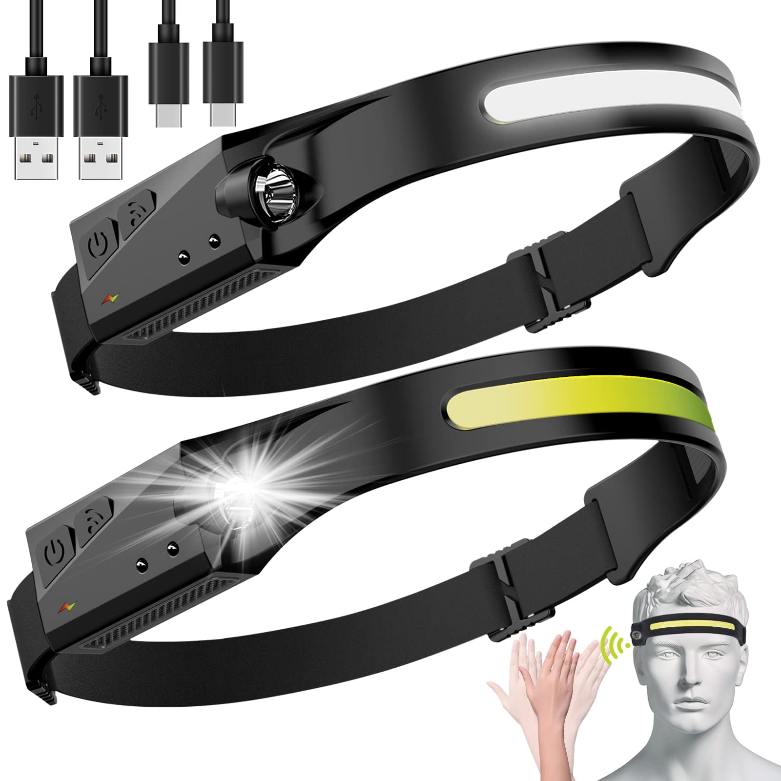 LED Headlamp, 2 Pack Rechargeable Flashlight for Adults, 230 Wide Beam ...