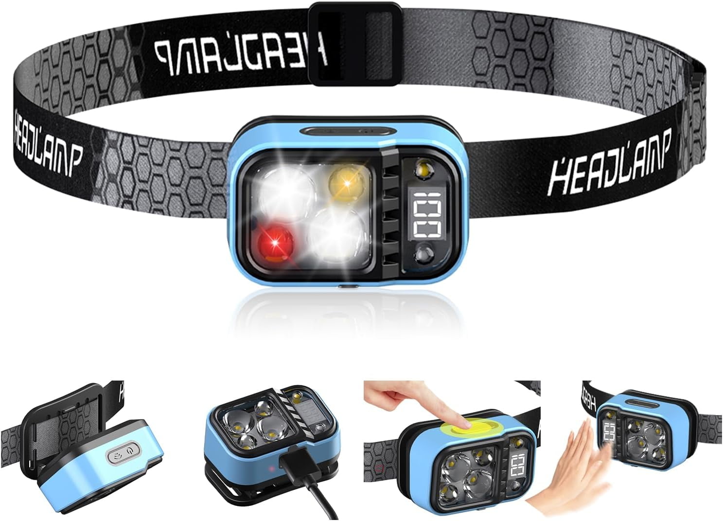 LED Headlamp, Digital Power Display Rechargeable Head Lamp, Motion ...