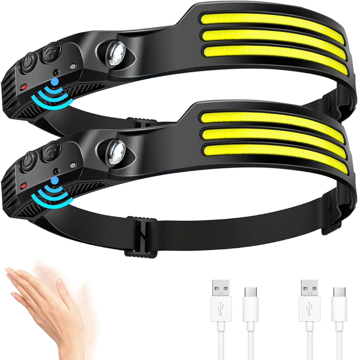 LED Headlamp Rechargeable (2 PCS), 230° Wide Beam Head Lamp with Motion ...