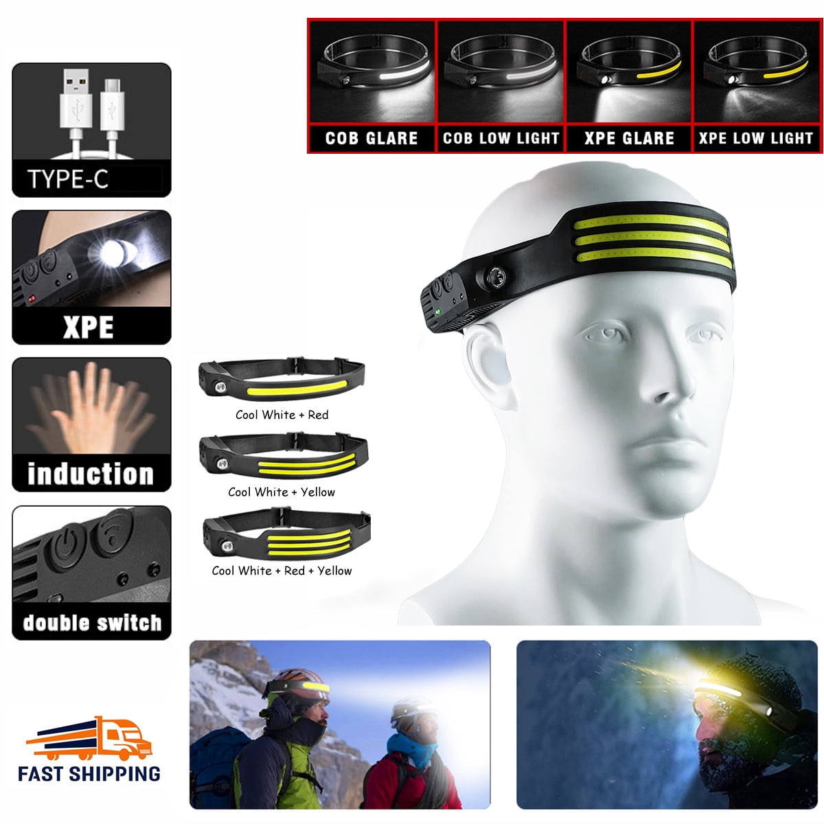 LED Headlamp Rechargeable, 230° Wide Beam Head Lamp with Motion Sensor ...