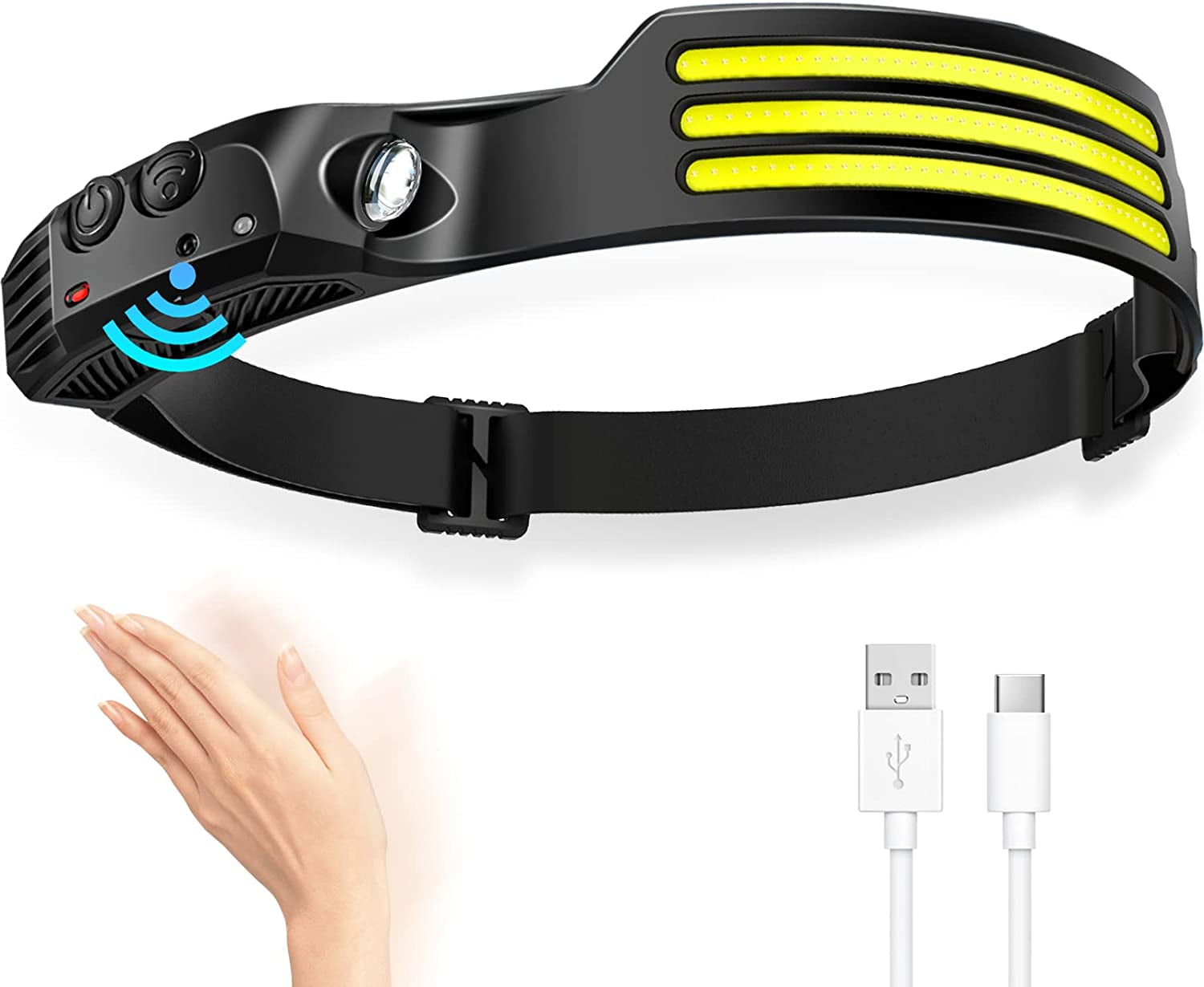 LED Headlamp Rechargeable, 230° Wide Beam Head Lamp with Motion Sensor ...