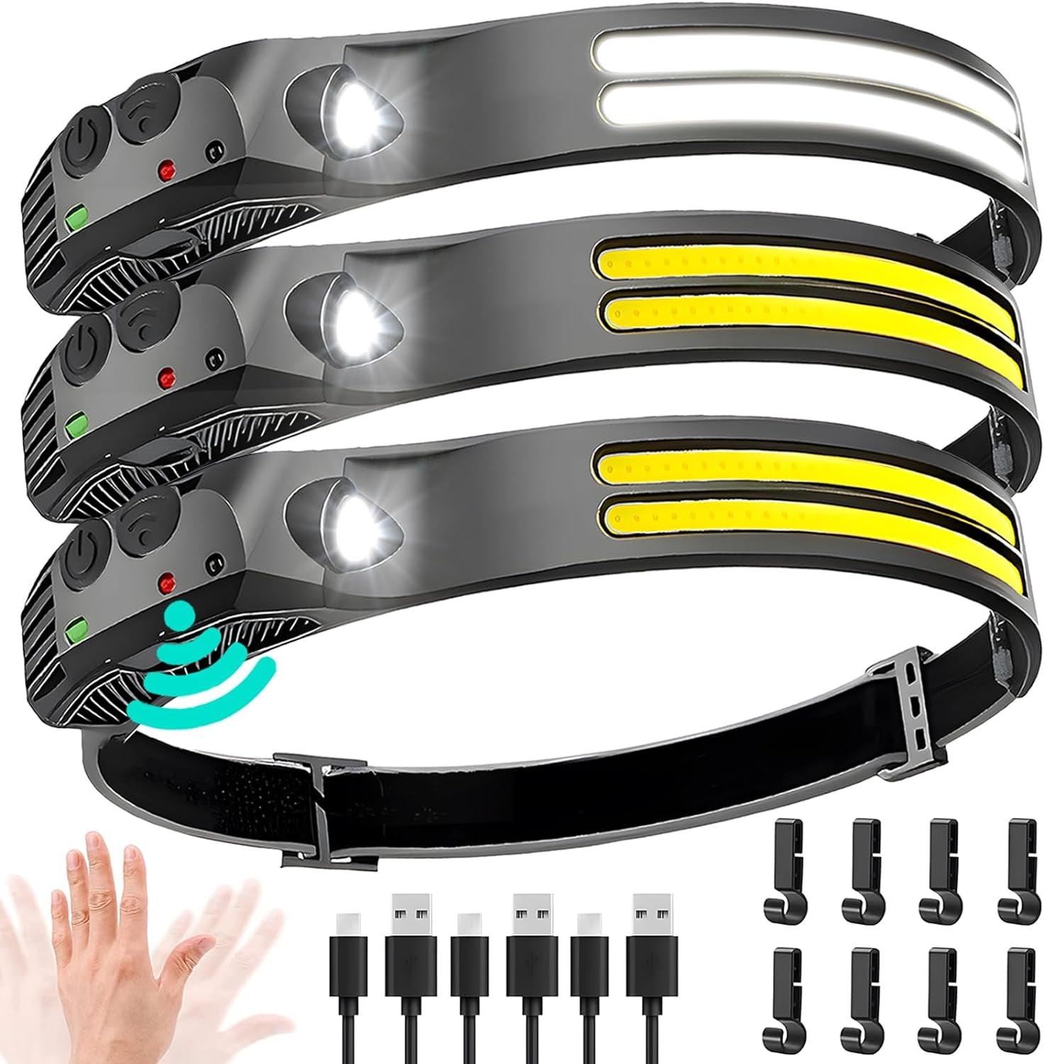 LED Headlamp Rechargeable 3PCS - 230° COB Super Bright Head Lights for ...