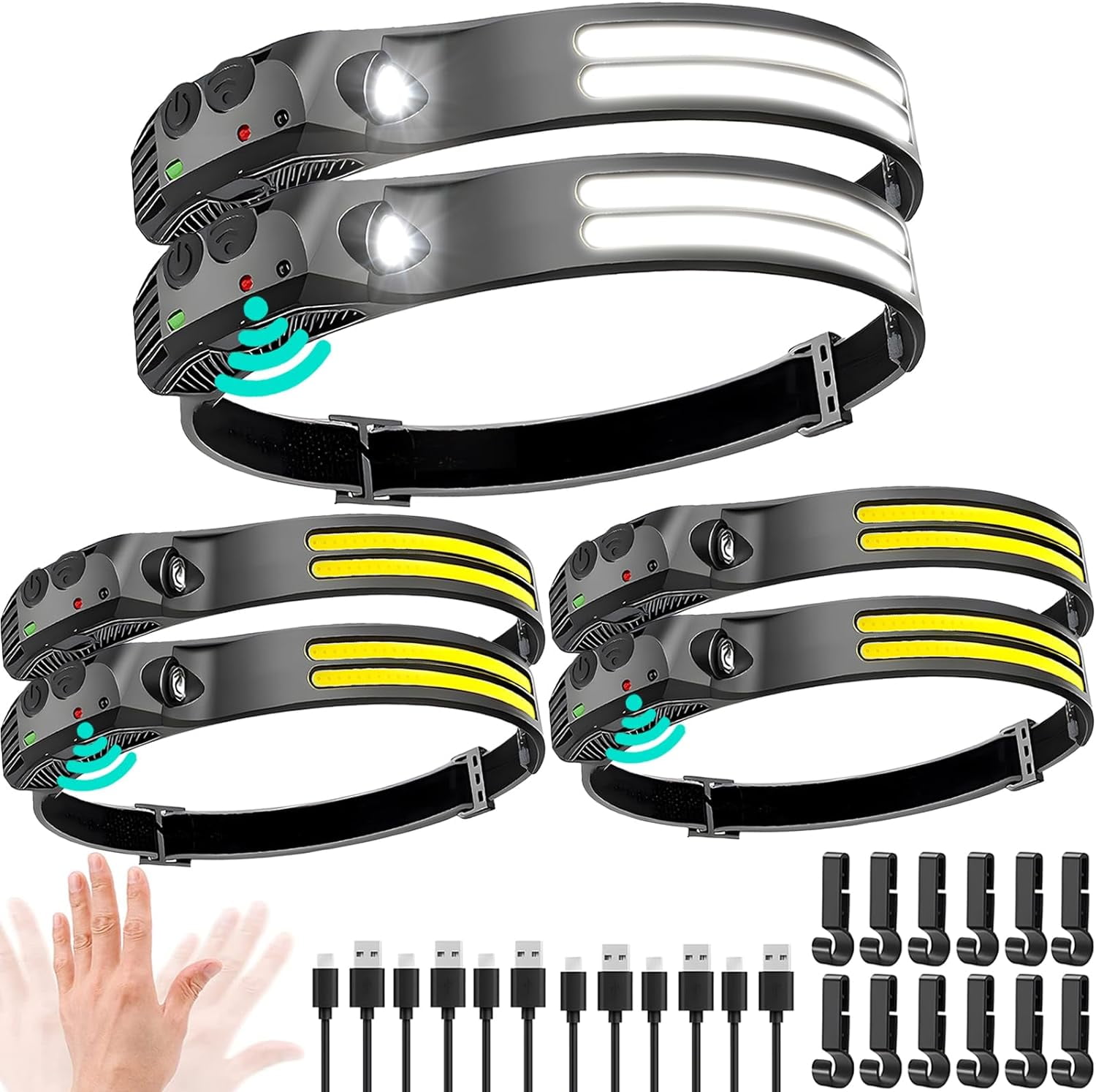 LED Headlamp Rechargeable 3PCS - 230° COB Super Bright Head Lights for ...