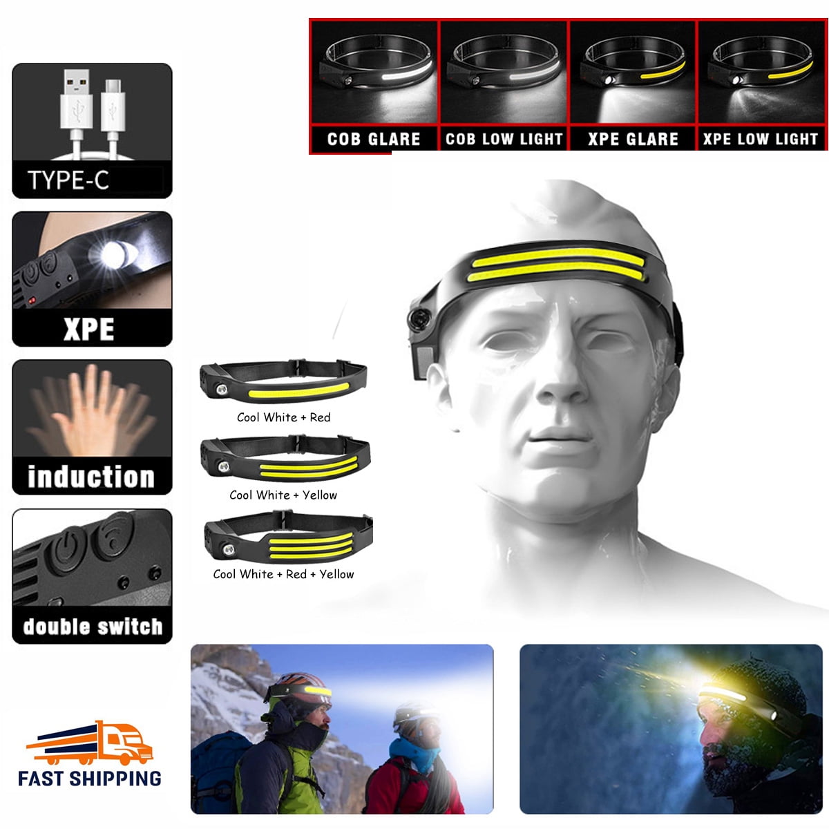 LED Headlamp Rechargeable,COB Super Bright Head Lights for Forehead ...