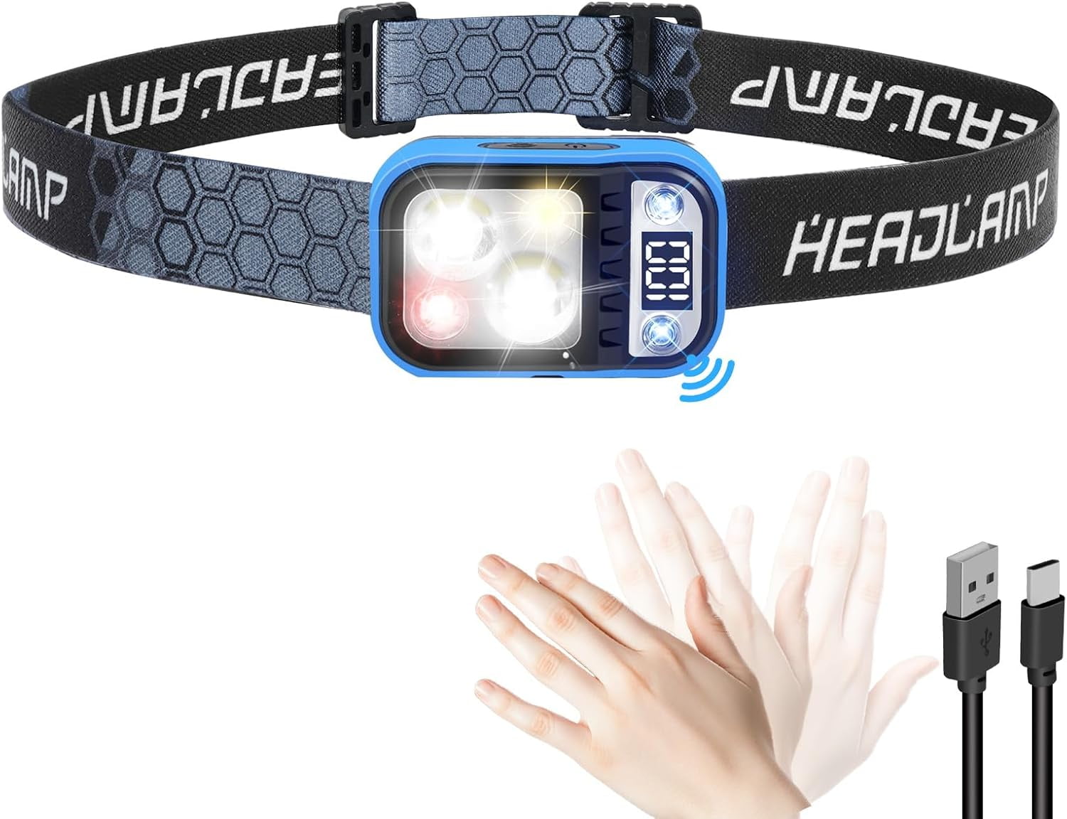 LED Headlamp Rechargeable, Digital Power Display Rechargeable Head Lamp ...