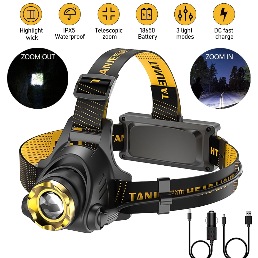 LED Headlamp Rechargeable Headlight Zoomable Head Torch Lamp Flashlight ...