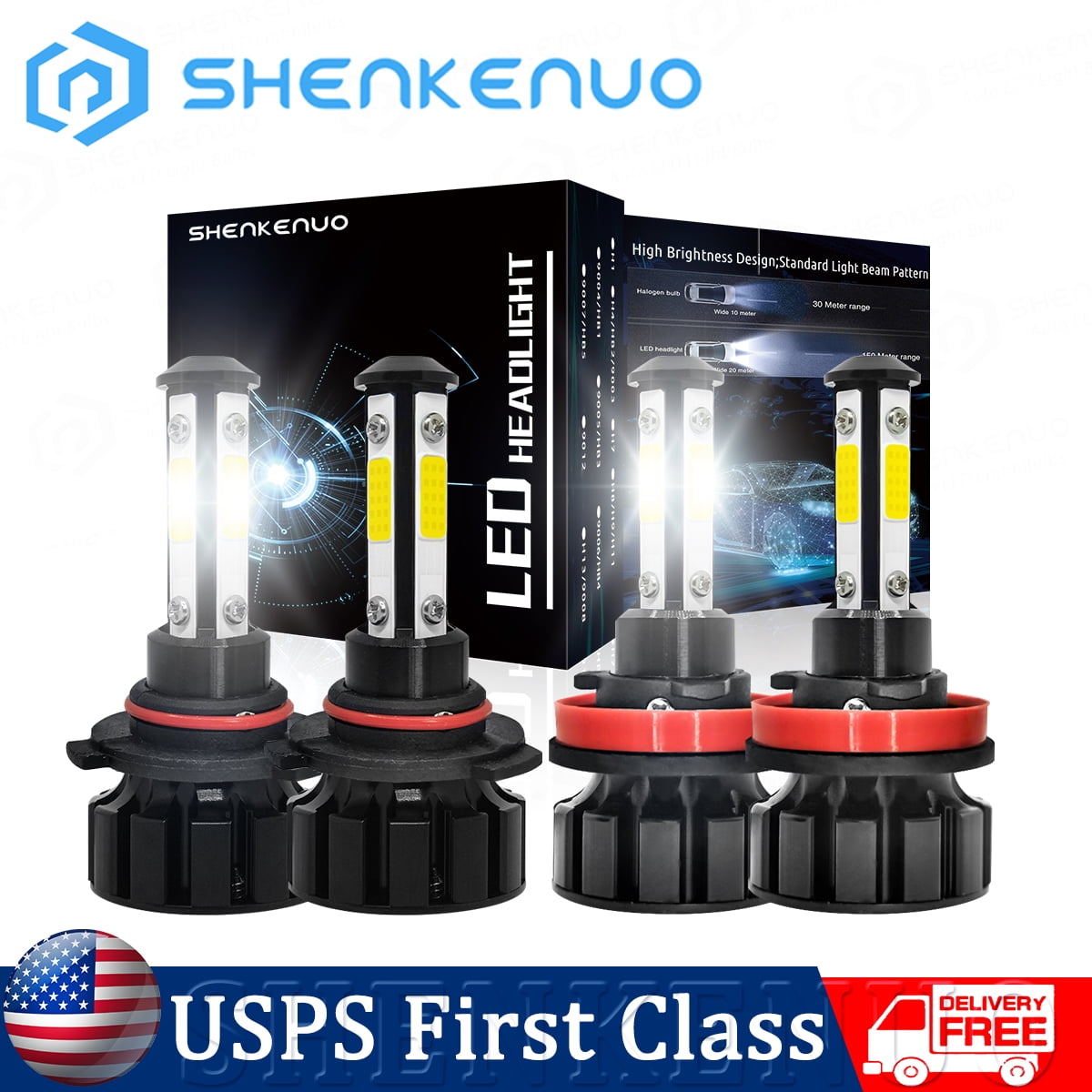 LED Headlight Kit 9005 High Beam + H11 Low Beam 4-Side Bulbs For ...