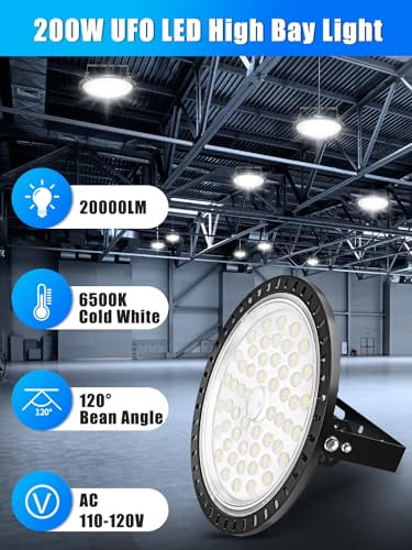 LED High Bay Light 200W, 20000LM UFO LED High Bay Light, 6000K LED Shop ...