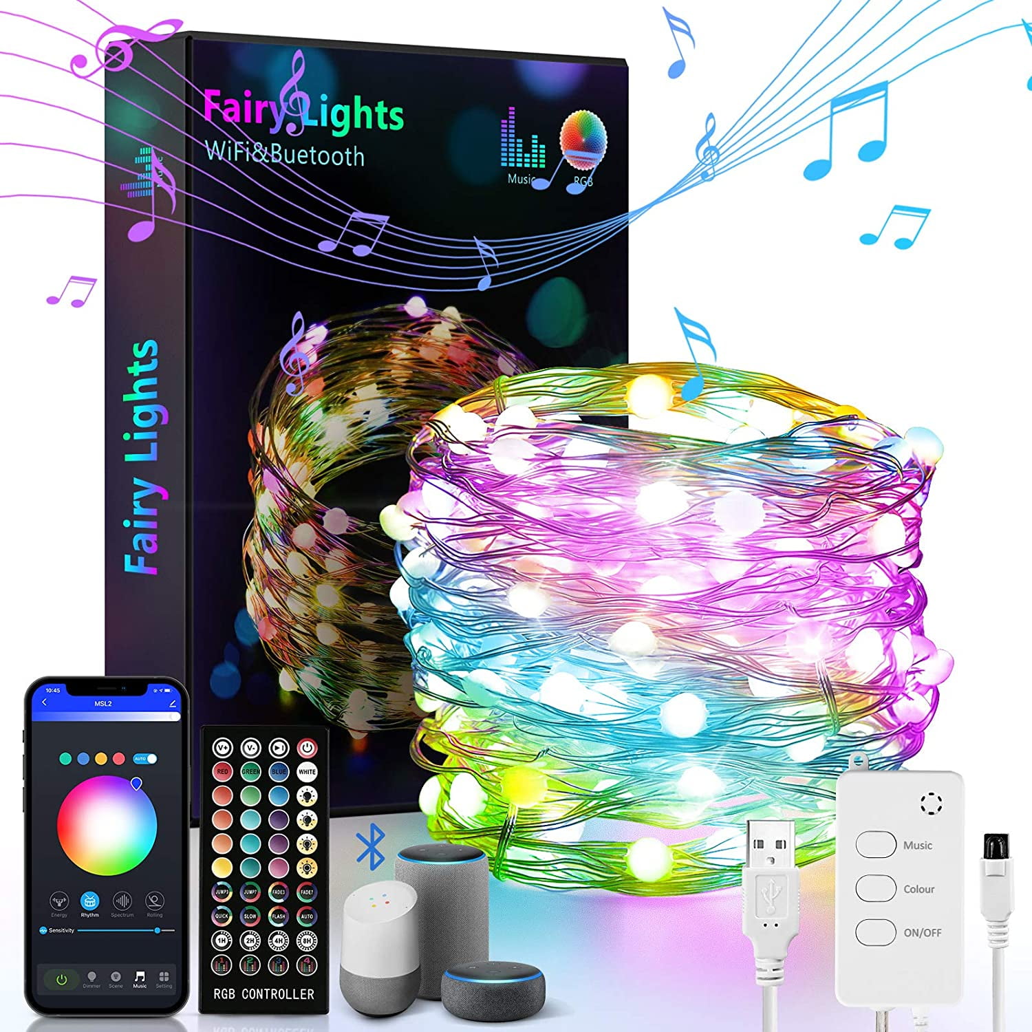 LED Indoor String Lights, 32.8FT Fairy String Lights, With Music Mode ...
